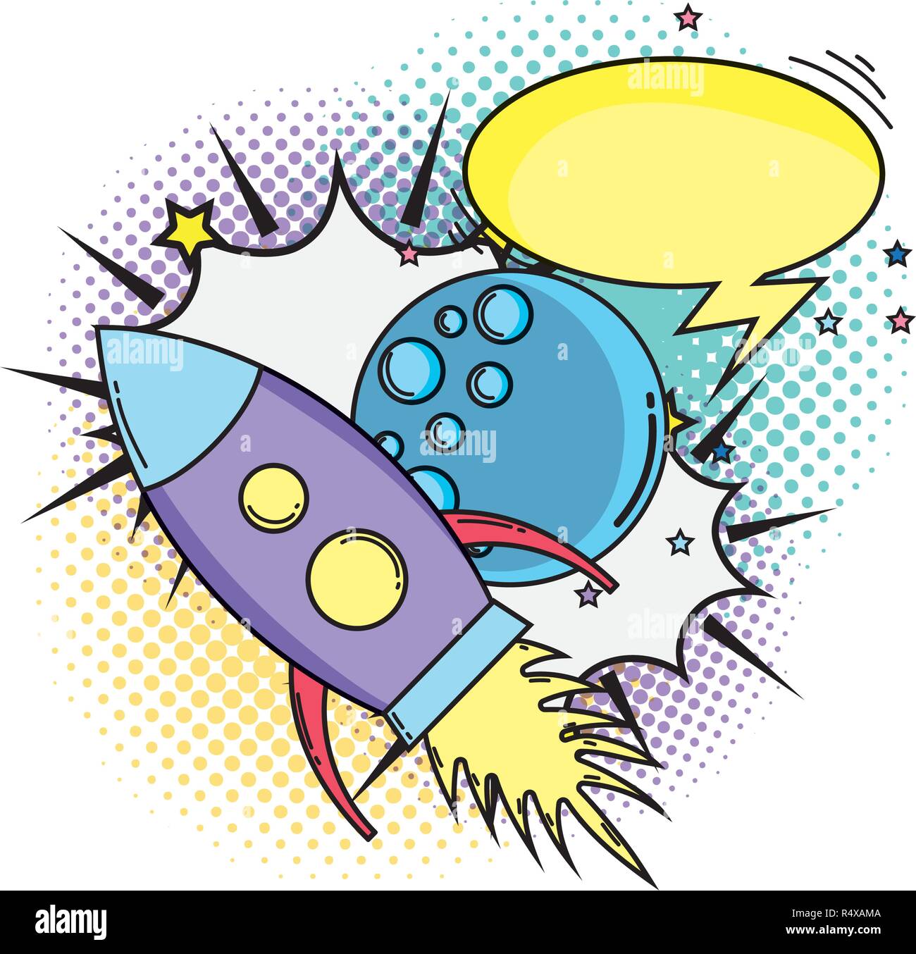 moon with speech bubble and rocket pop art vector illustration design ...