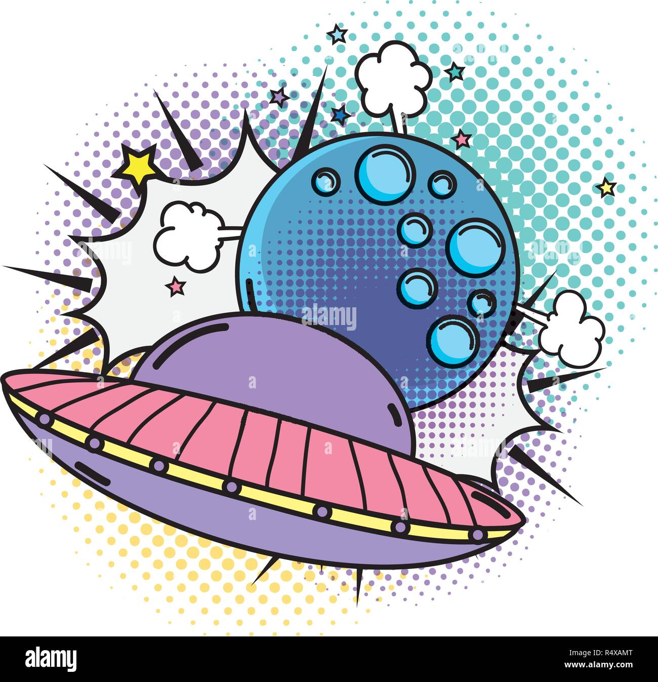 ufo flying with moon pop art style vector illustration design Stock ...