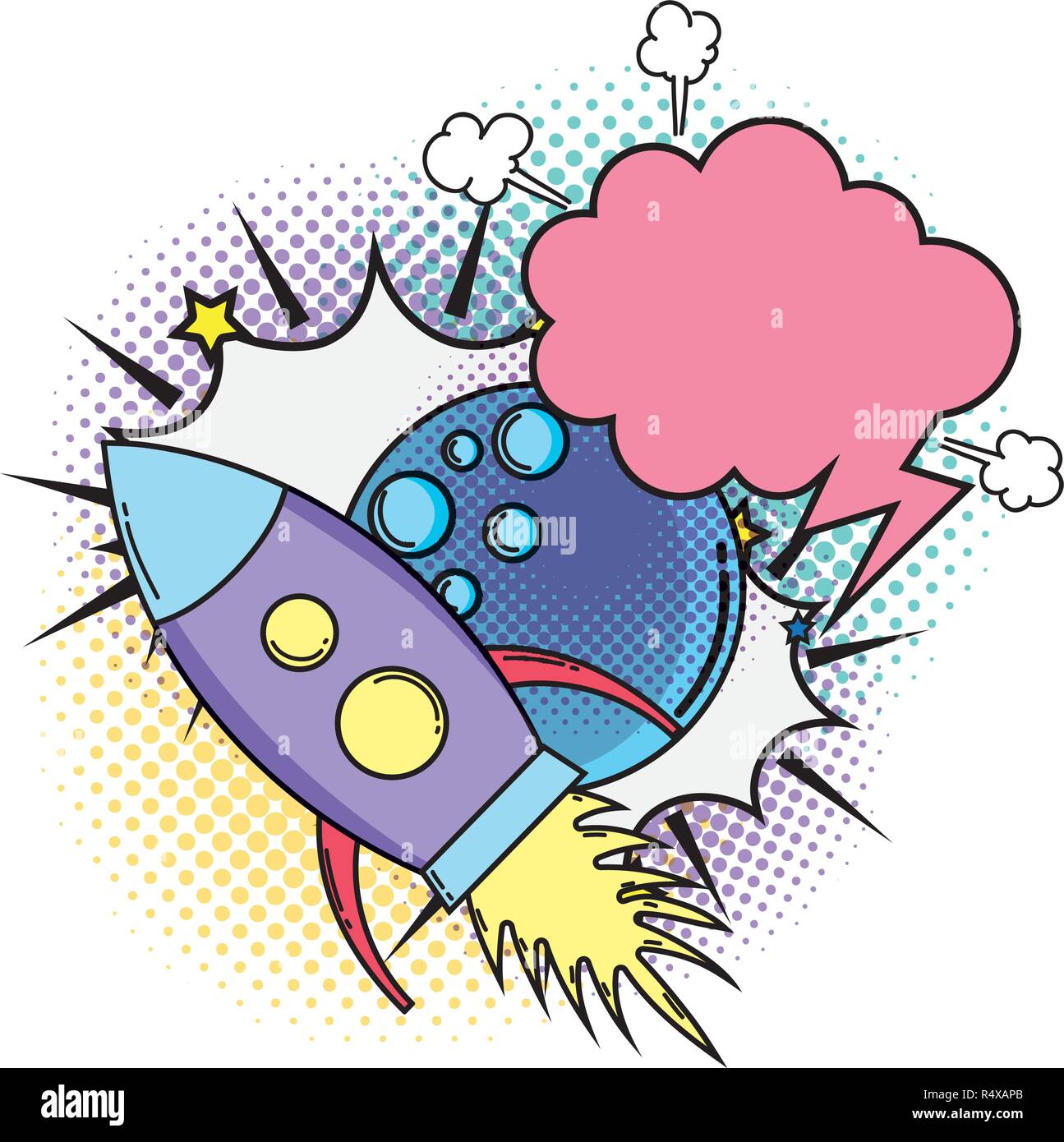 moon with speech bubble and rocket pop art vector illustration design ...