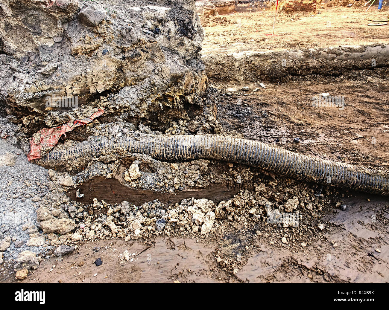 Electric, optic, gas tube and water pipeline utilities. Trench for ...