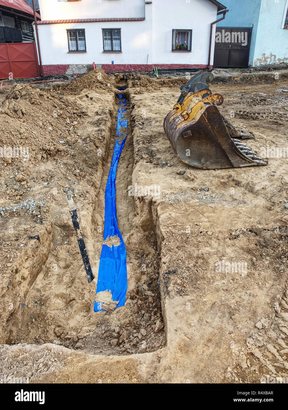 Connection of the water pipe tap to house, branch with controlling high ...