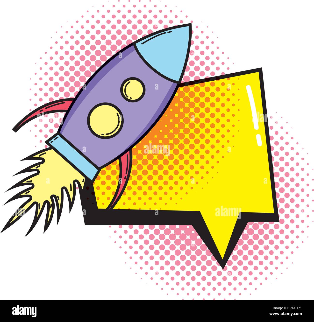 rocket flying with speech bubble pop art style vector illustration ...