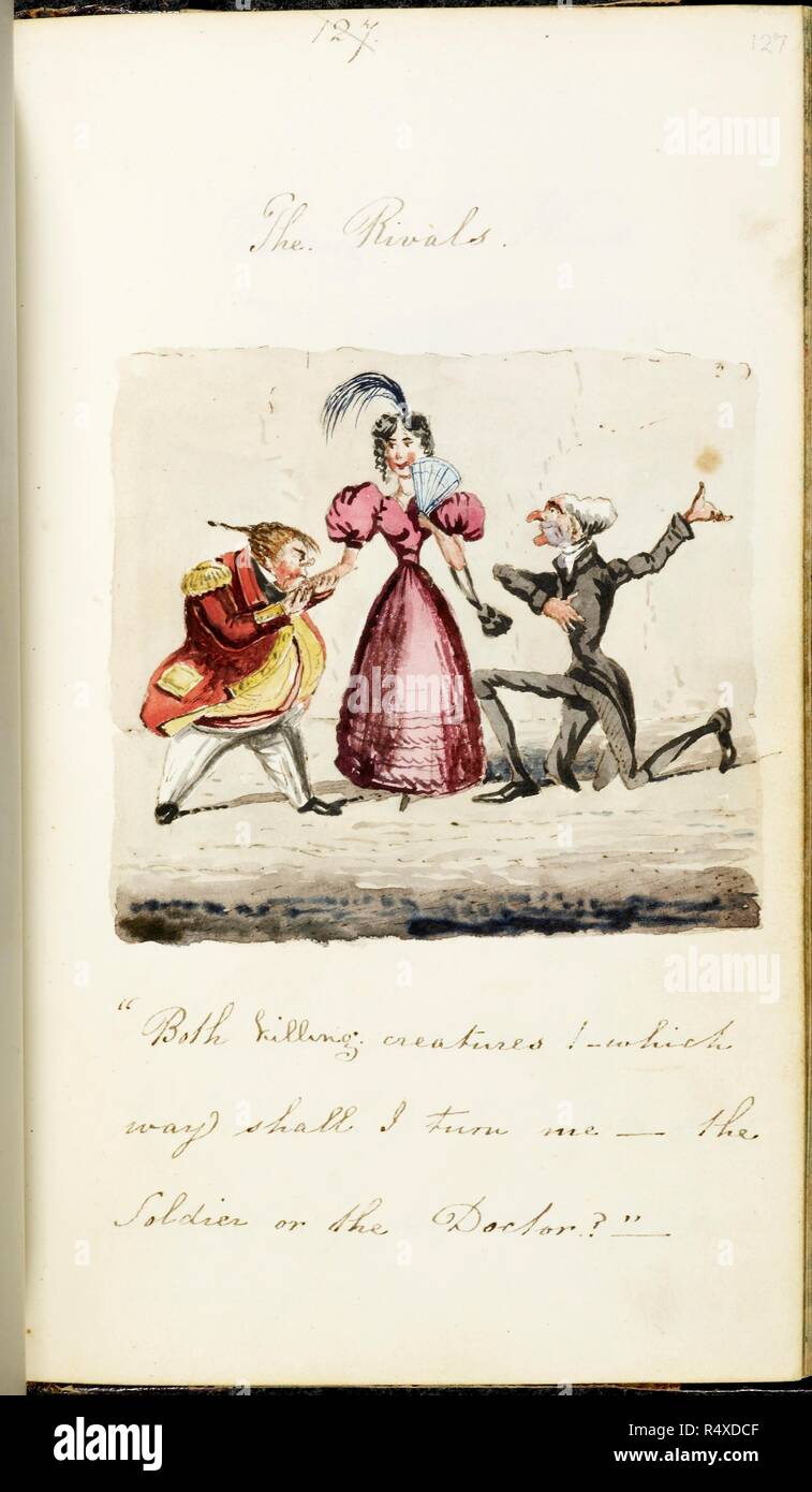 'The Rivals' illustration of woman with two men, one kissing her hand ...
