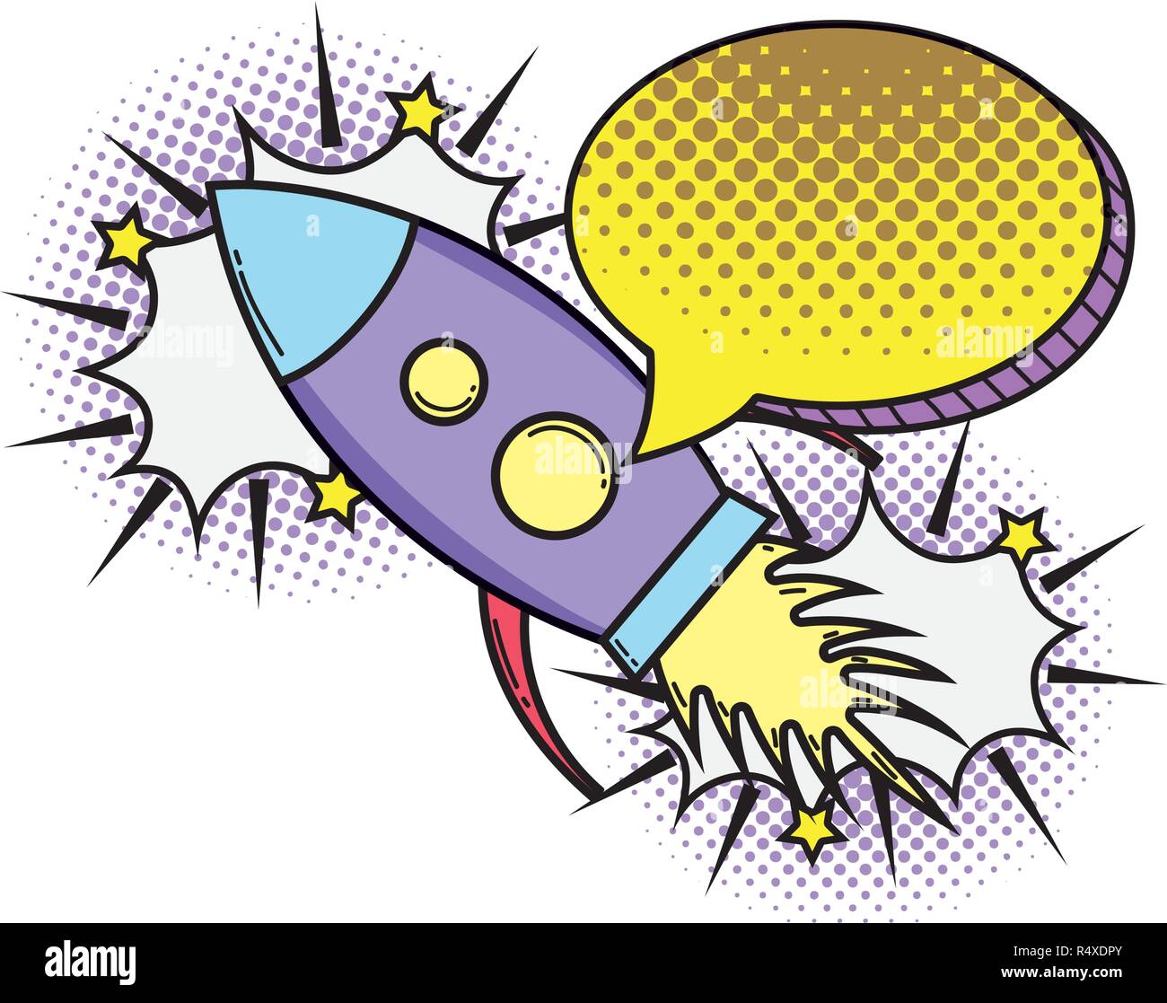 rocket flying with speech bubble pop art style vector illustration ...