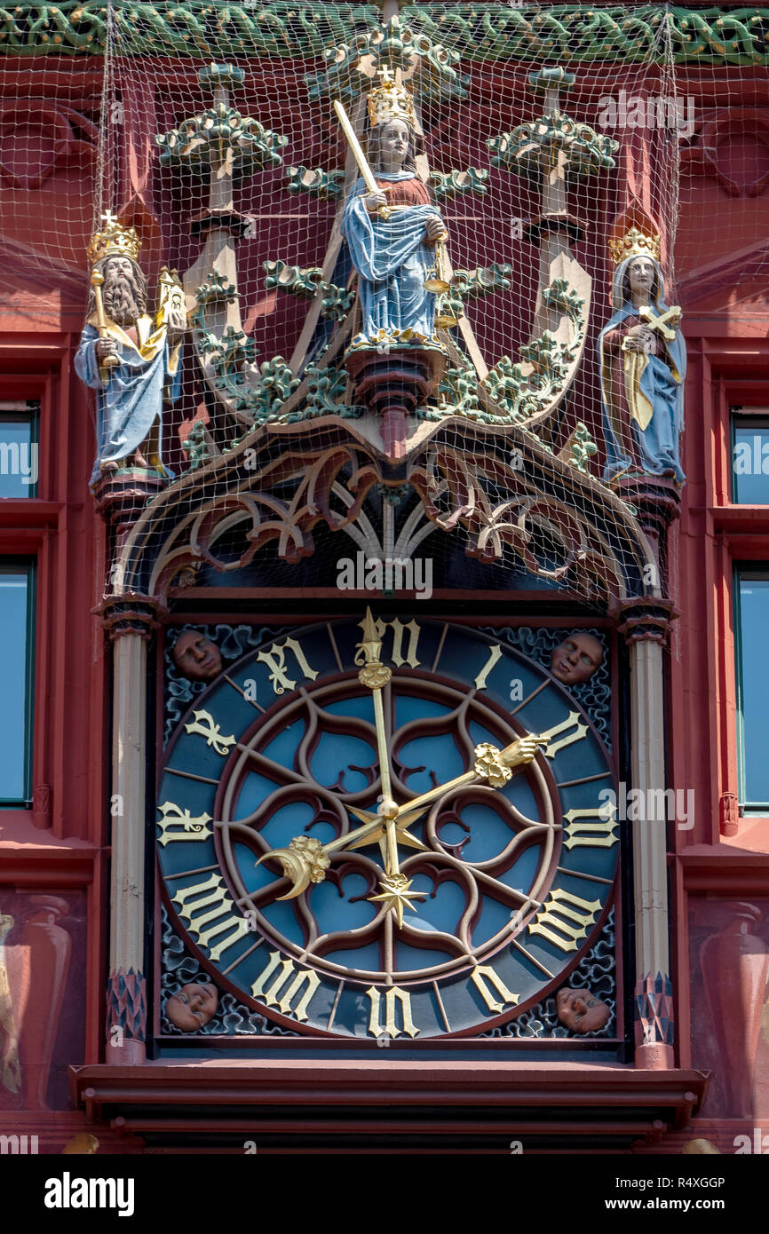 The beautiful decorated old City Hall of Basel in Swiss - the clock at ...