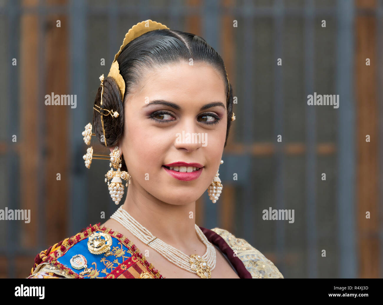 Las Fallas Spanish girl wearing Fallera costume in Valencia Spain Stock ...