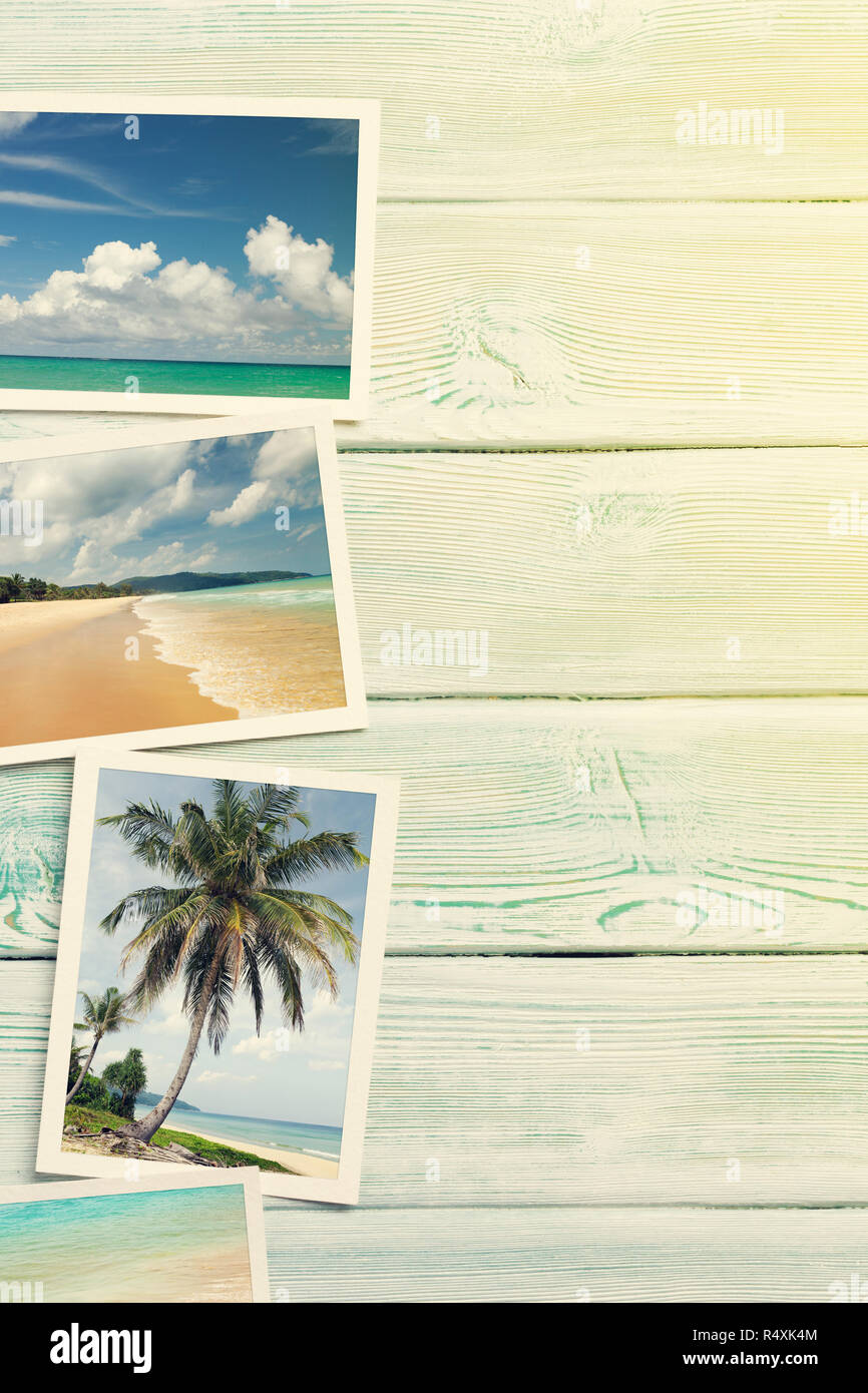Travel vacation background concept with weekend photos on wooden ...