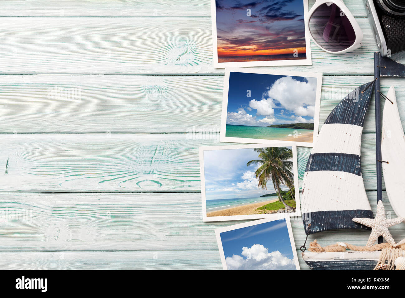Travel vacation background concept with sunglasses, camera and weekend ...