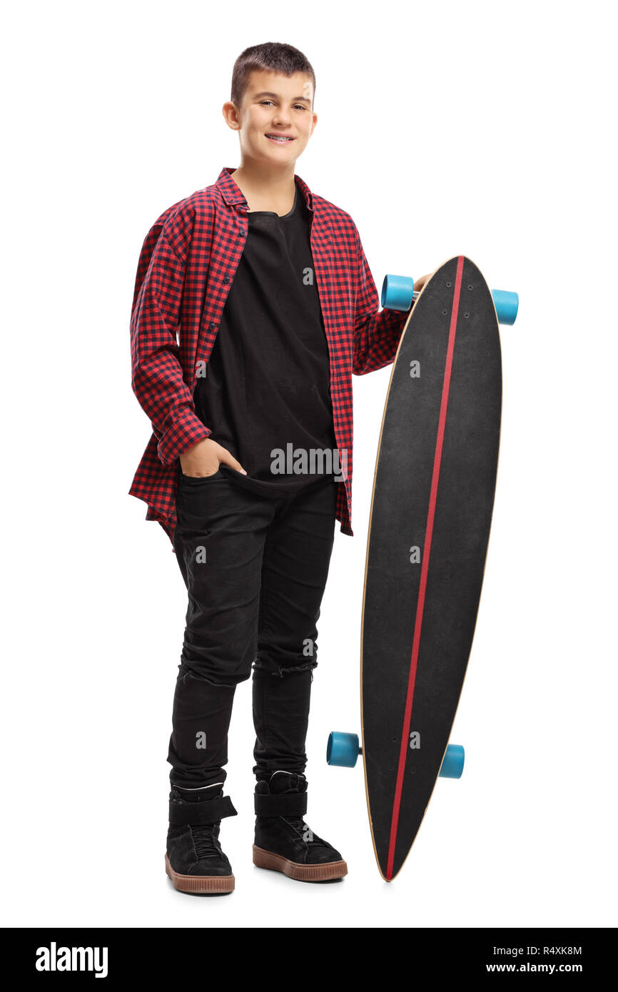 Full length portrait of a teenage boy holding a longboard isolated on ...