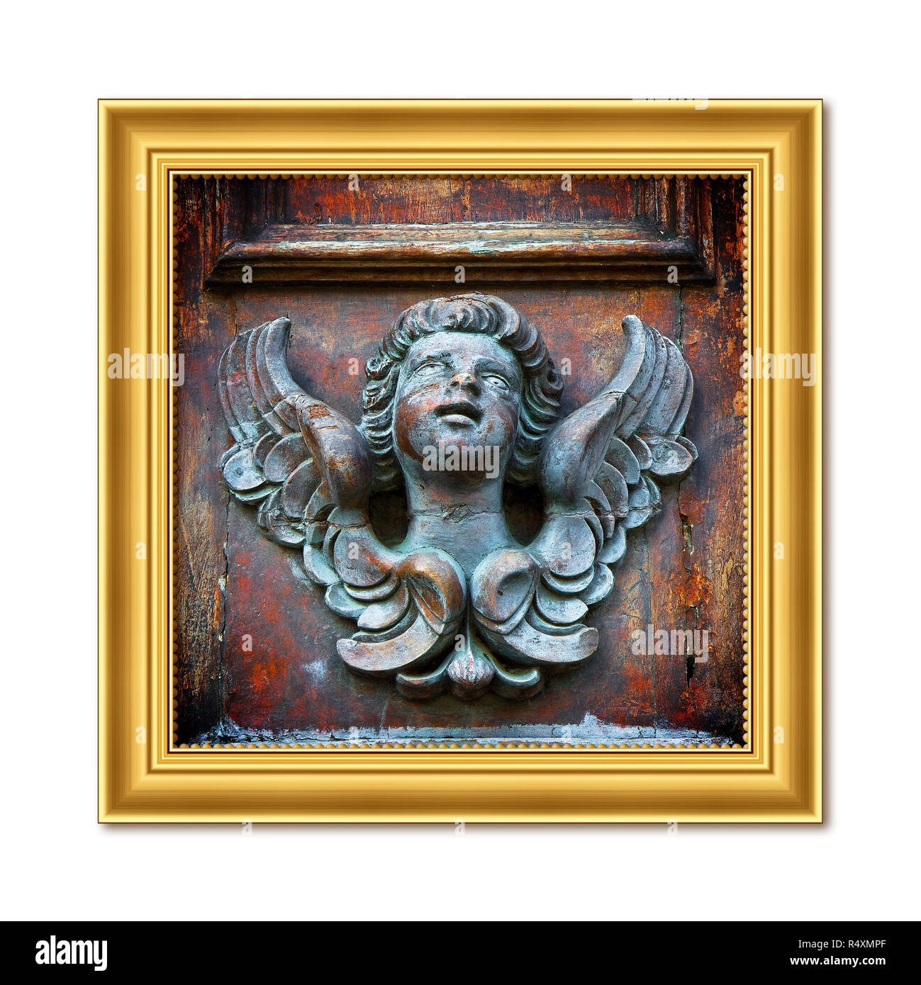 Sculpture of an angel on a wooden door in Italy - Wooden golden frame ...