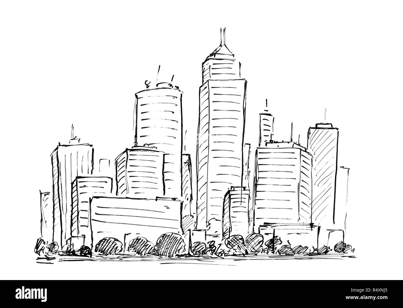Black Ink Hand Drawing of Generic City High Rise Cityscape with ...