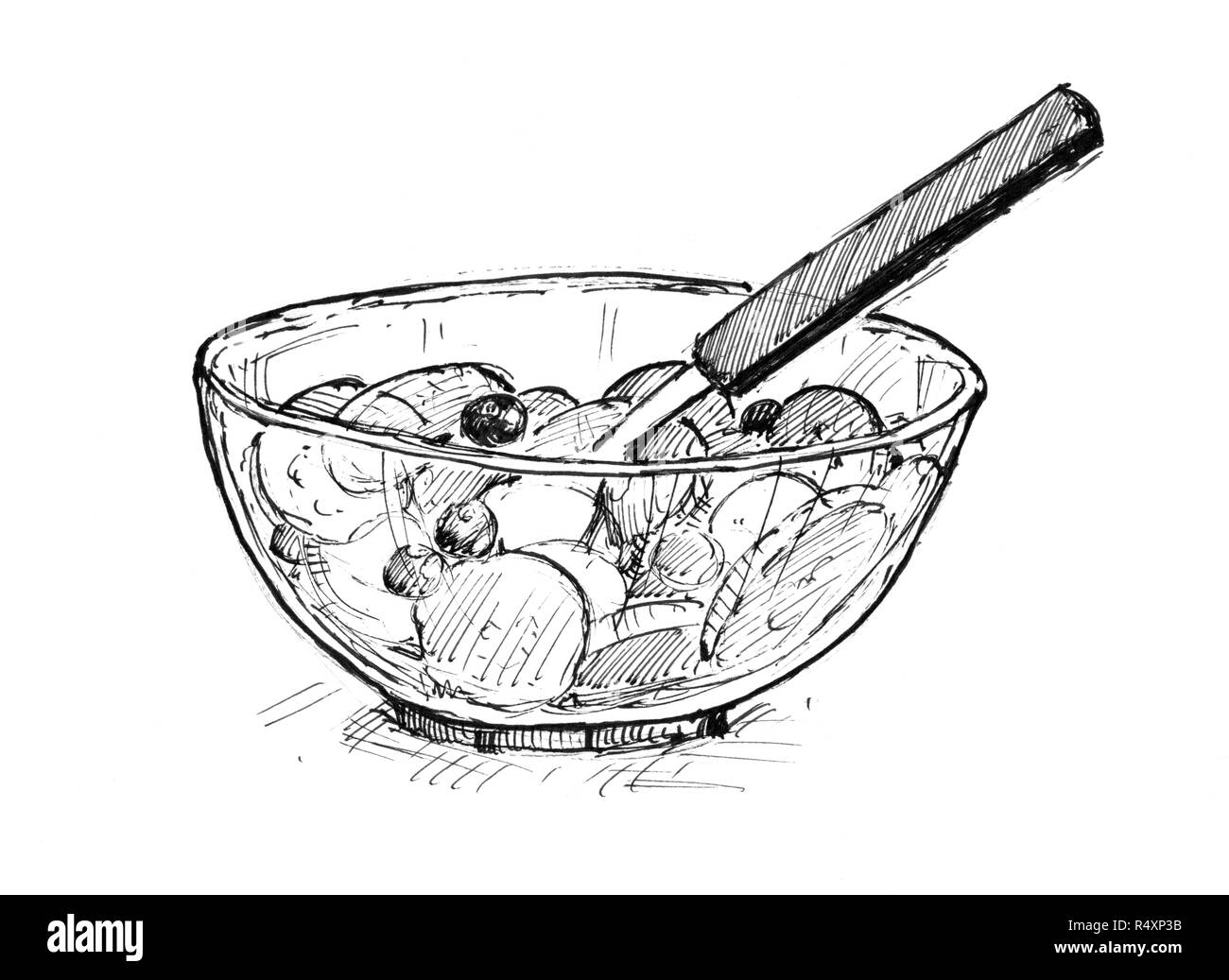 Black Ink Hand Drawing of Small Bowl of Fruit Stock Photo - Alamy