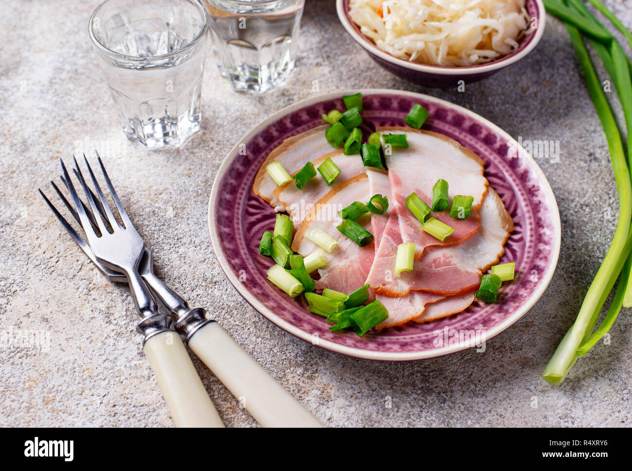 Traditional Russian and Ukrainian appetizers for vodka. Bacon and ...