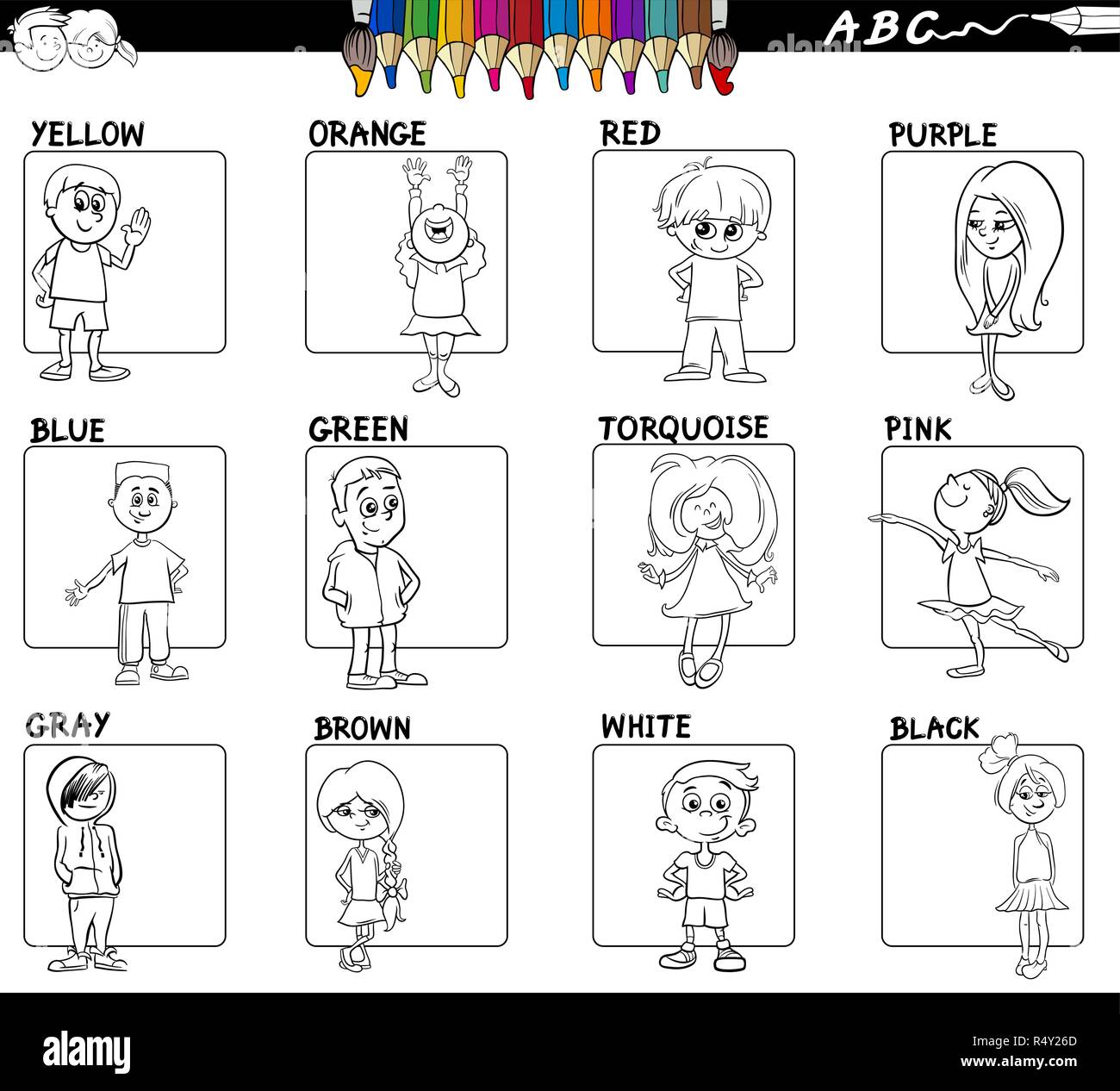 Black and White Cartoon Illustration of Basic Colors with Children ...