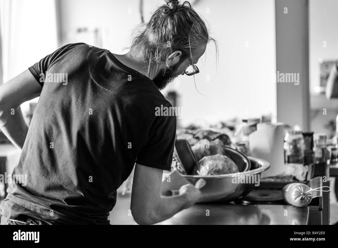 Chef Cleaning the Table Top, Before Cooking a Meal - Black and White ...