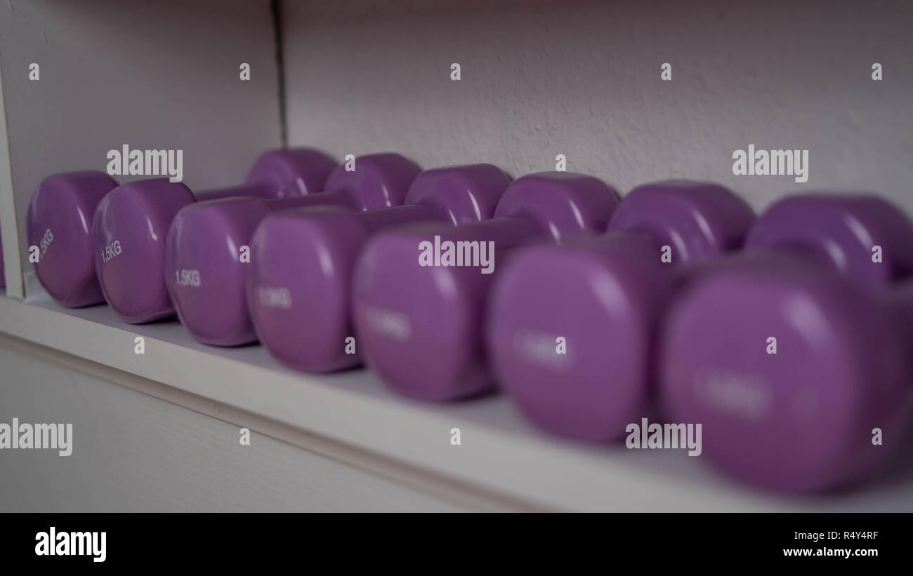 multi-colored weights in the female fitness center. kettlebells are on ...