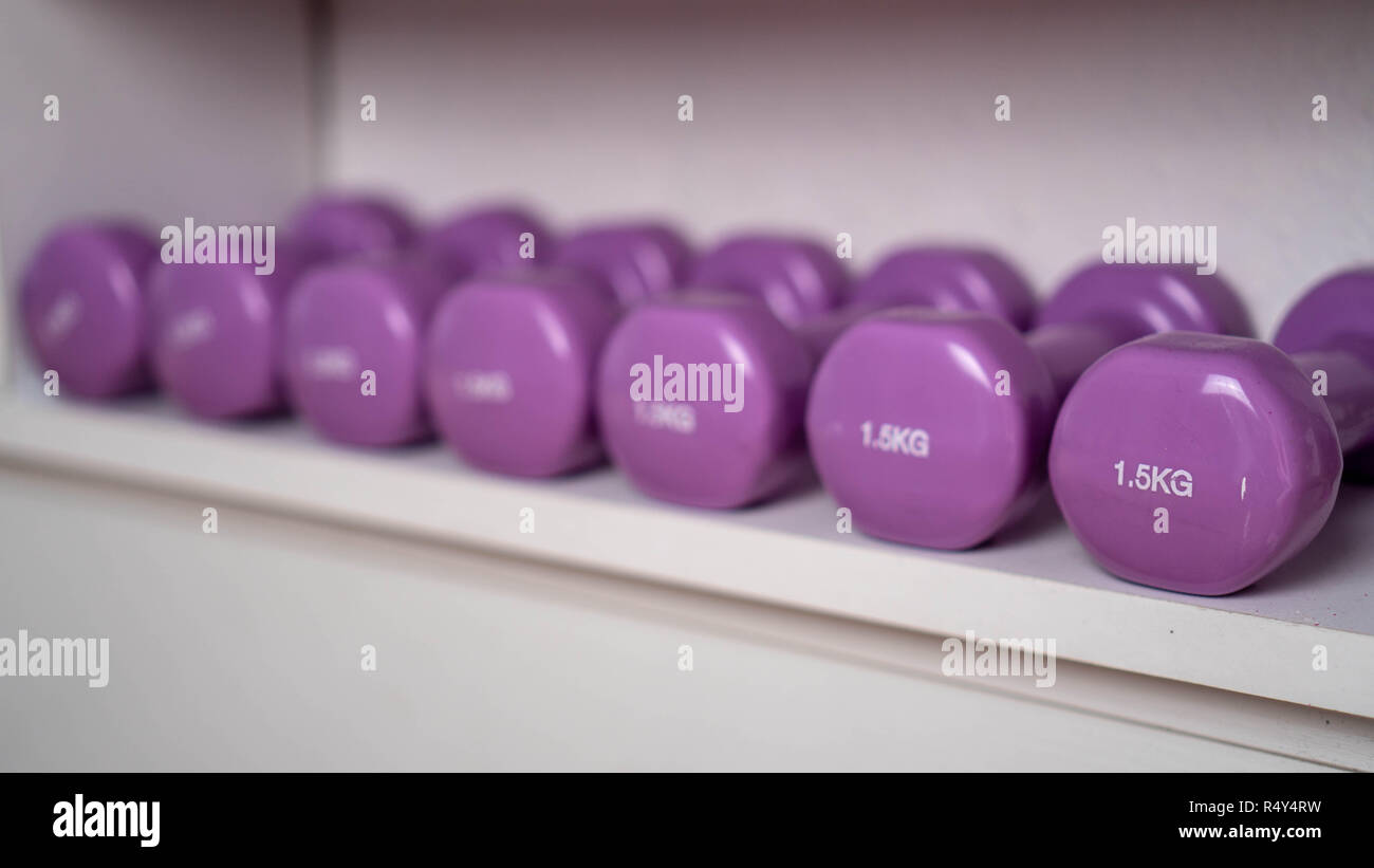 multi-colored weights in the female fitness center. kettlebells are on ...