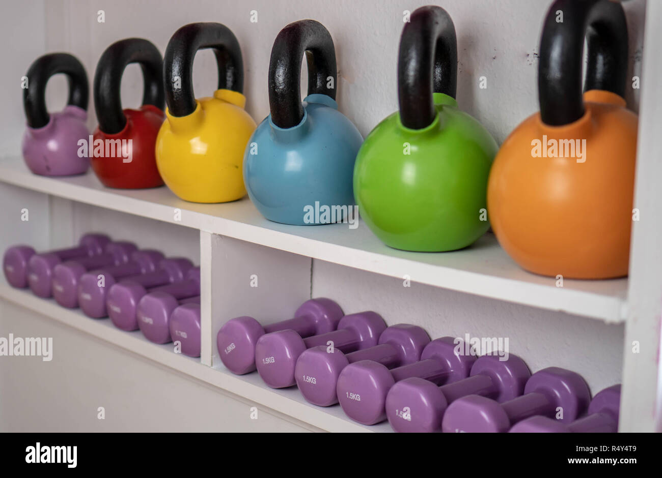 multi-colored weights in the female fitness center. kettlebells are on ...