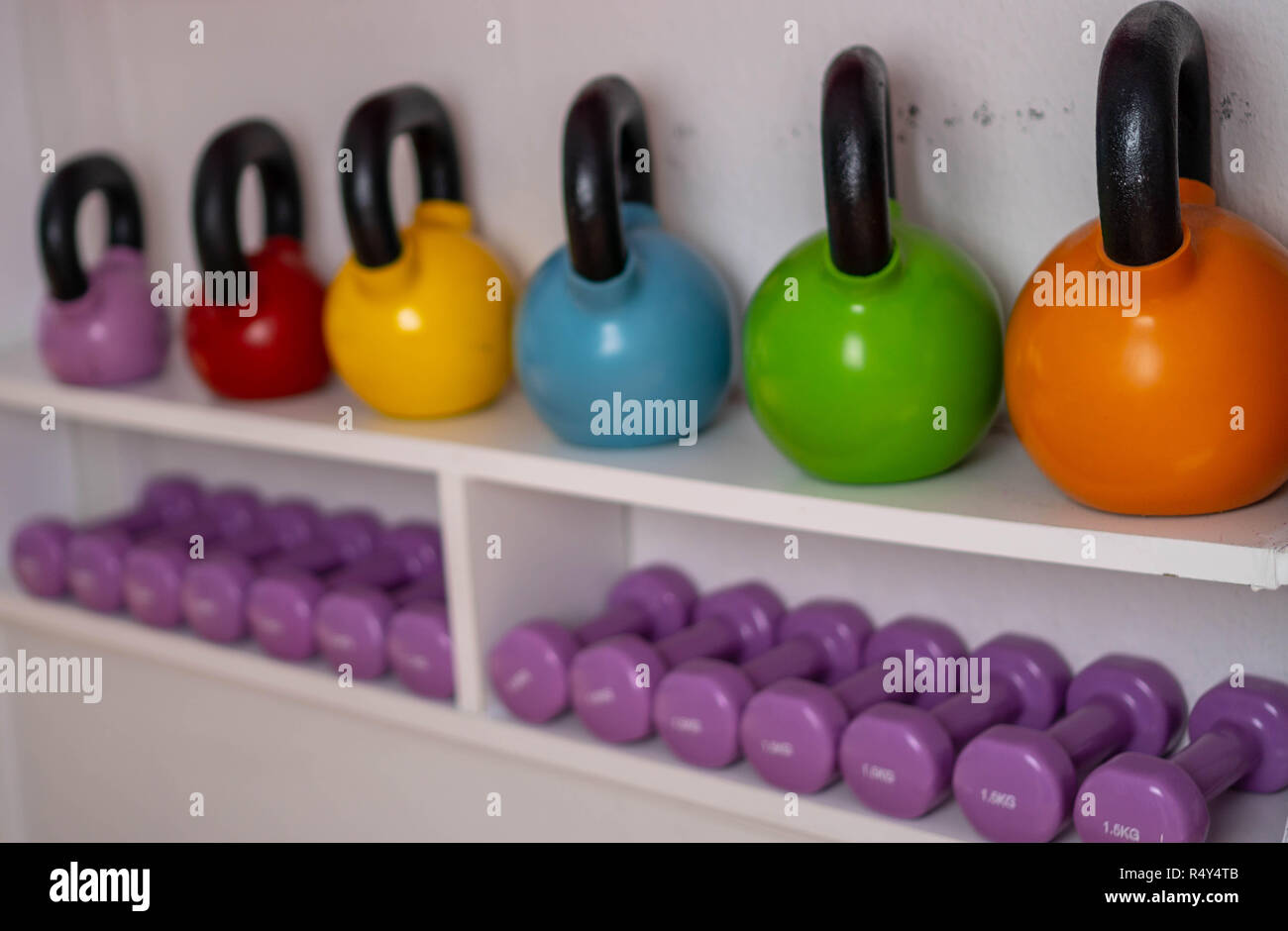 multi-colored weights in the female fitness center. kettlebells are on ...