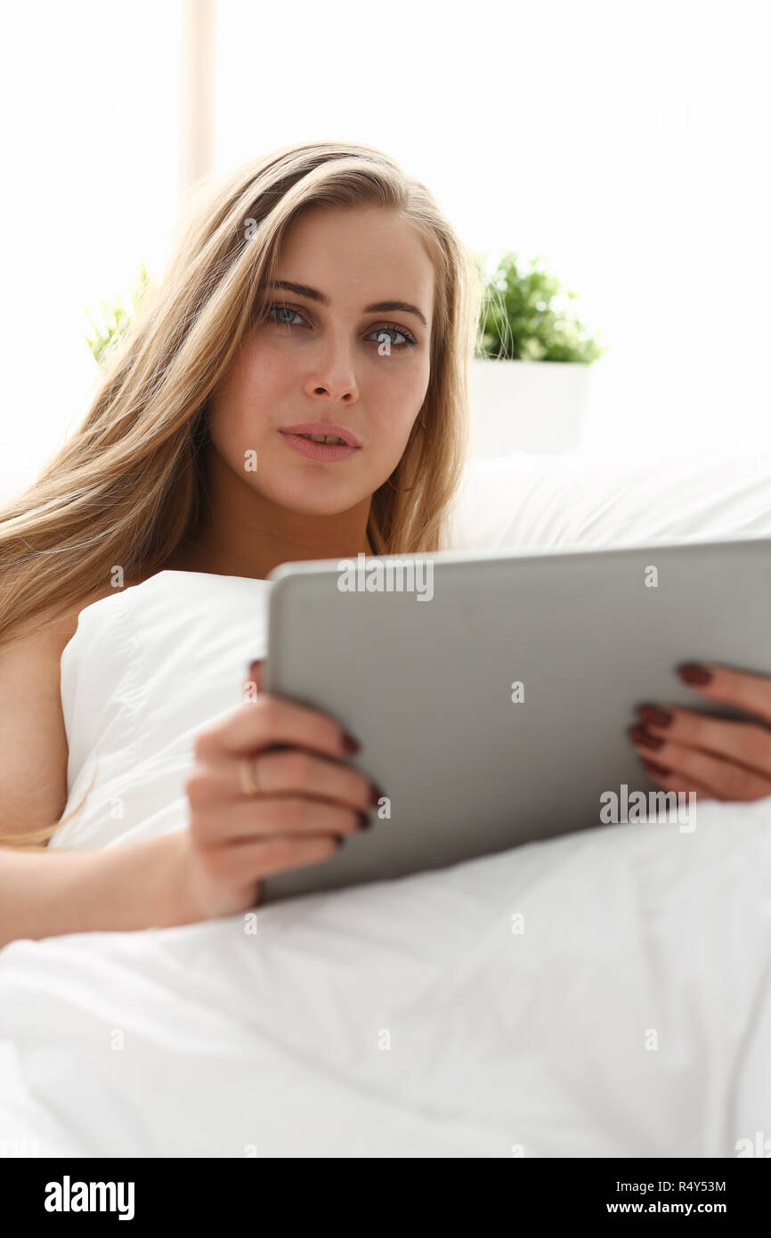 woman work winh laptop stay in bed early morning Stock Photo - Alamy