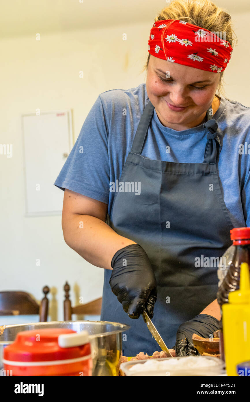 Smiling Female Chef Cutting Ham in the Kitchen Stock Photo - Alamy