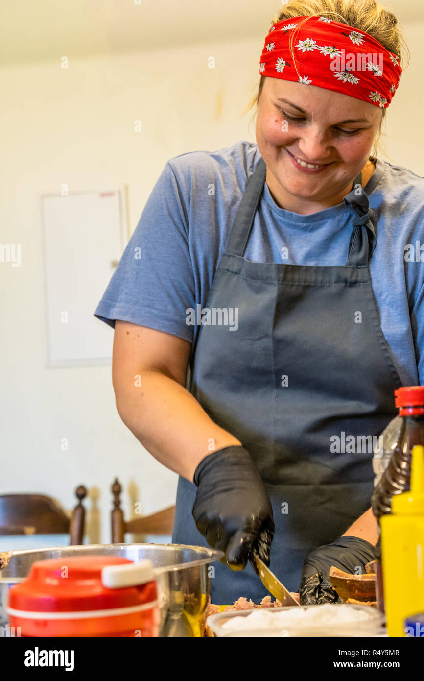Smiling Female Chef Cutting Ham in the Kitchen Stock Photo - Alamy