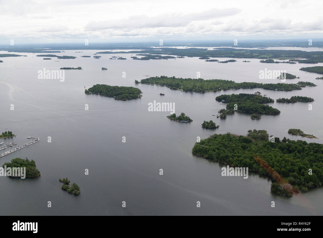 Aerial view of the Thousand Islands region on the border of the USA and ...