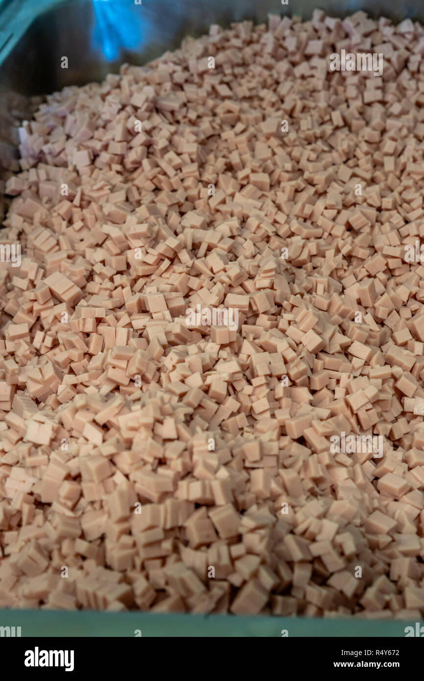 Small Cutted Ham Pieces in Steel Bowl - Closeup View Stock Photo - Alamy