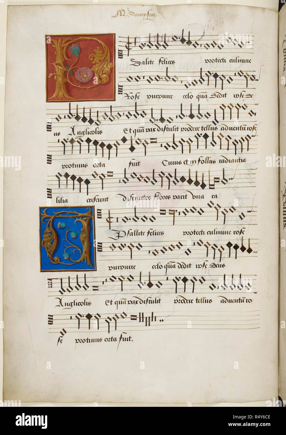 Sheet music for motets decorated, written music with decorated initials ...