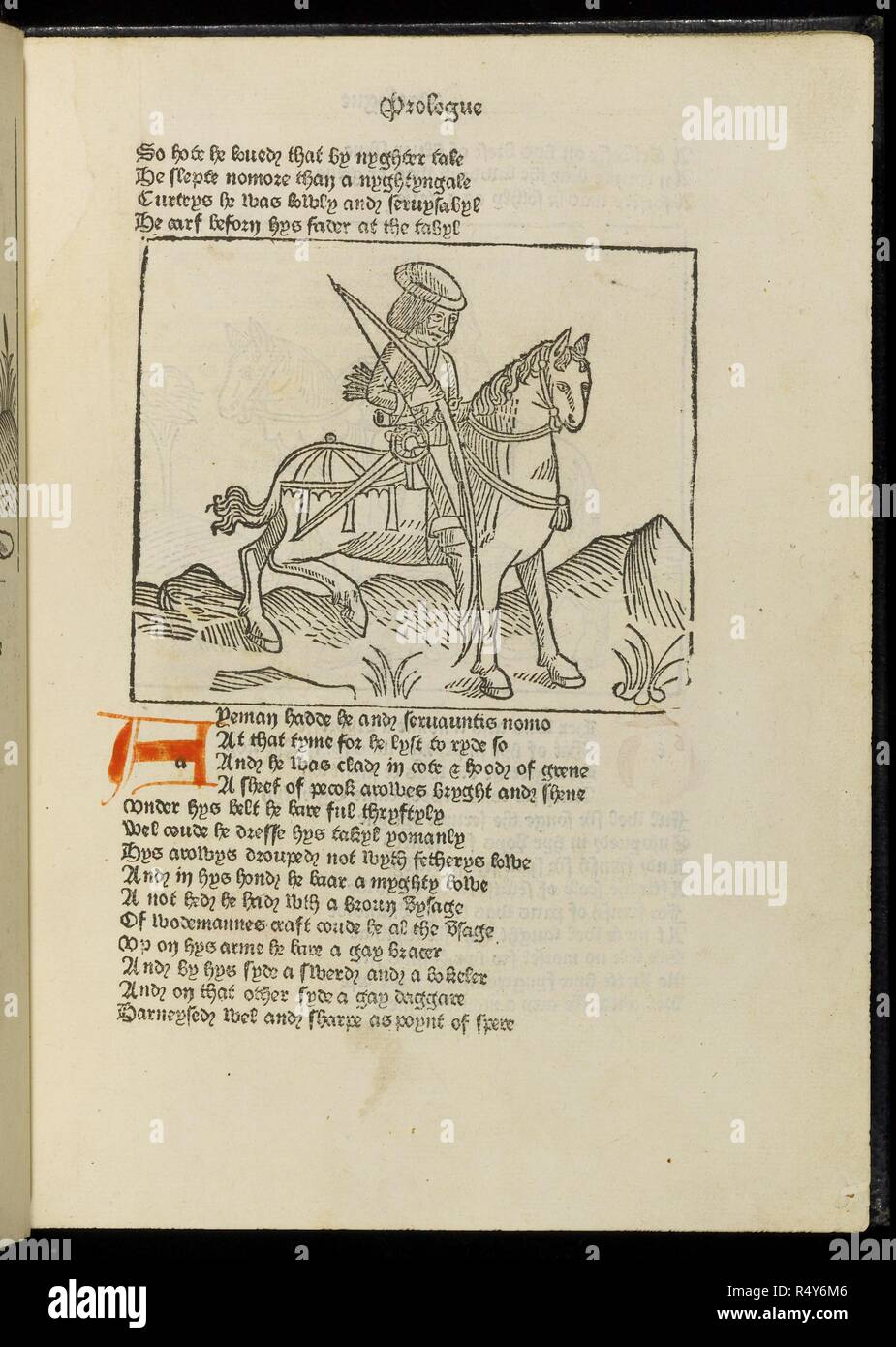 Prologue page of the Canterbury Tales, with an illustration of a knight ...