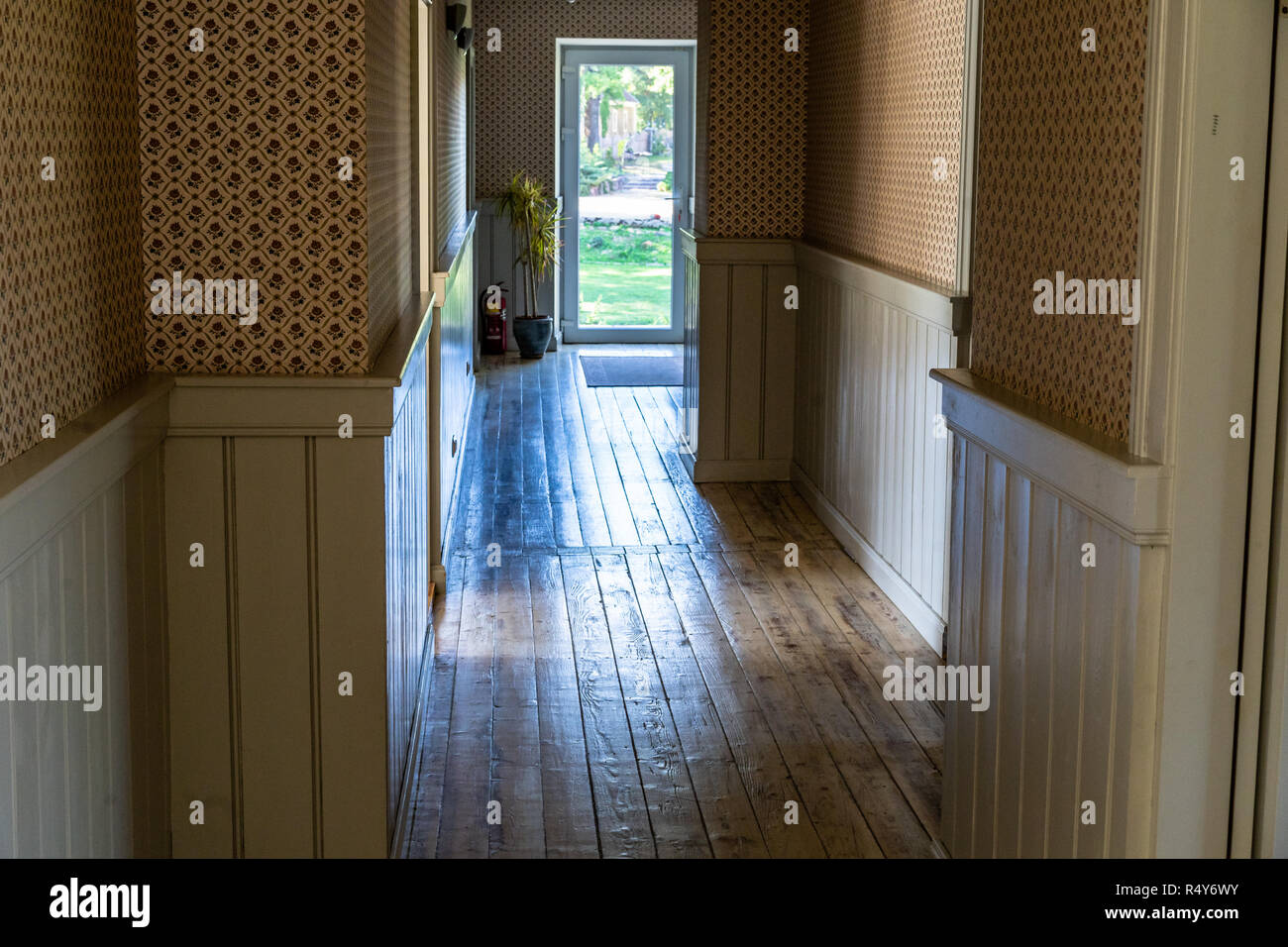 Epty Hotel Hallway with Wooden Board Floor - Daylight Shining Through ...