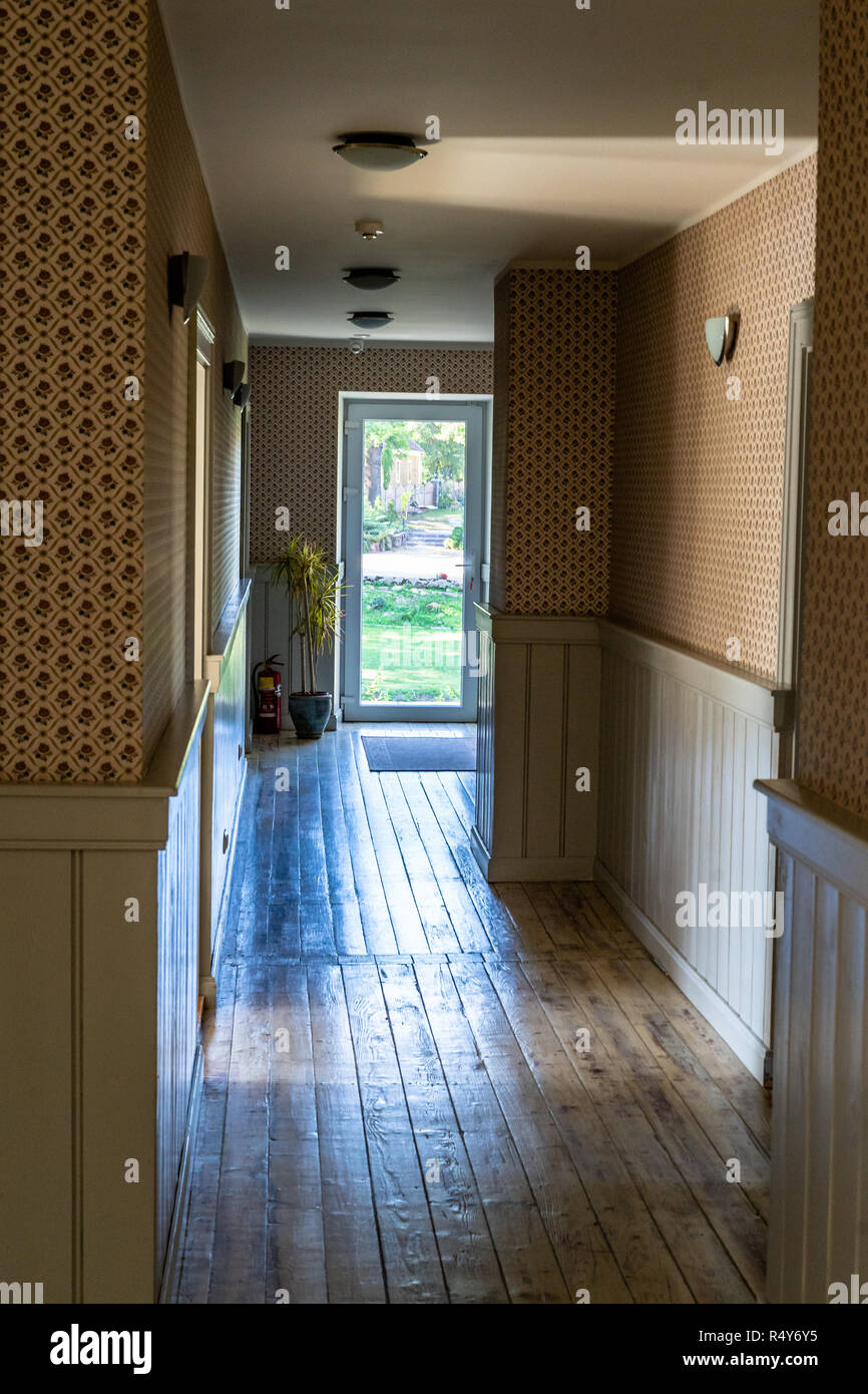 Epty Hotel Hallway with Wooden Board Floor - Daylight Shining Through ...
