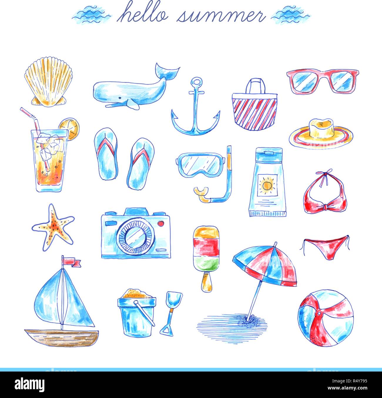 set of bright hand drawn beach icons Stock Vector Image & Art - Alamy