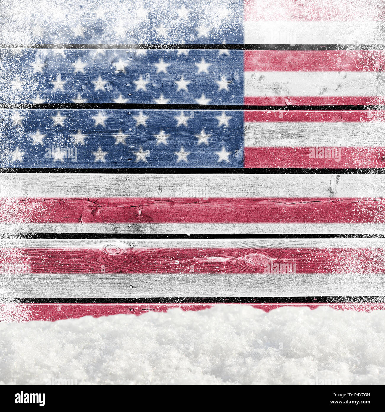 Winter background with wooden wall, falling snow, snowdrift and ...