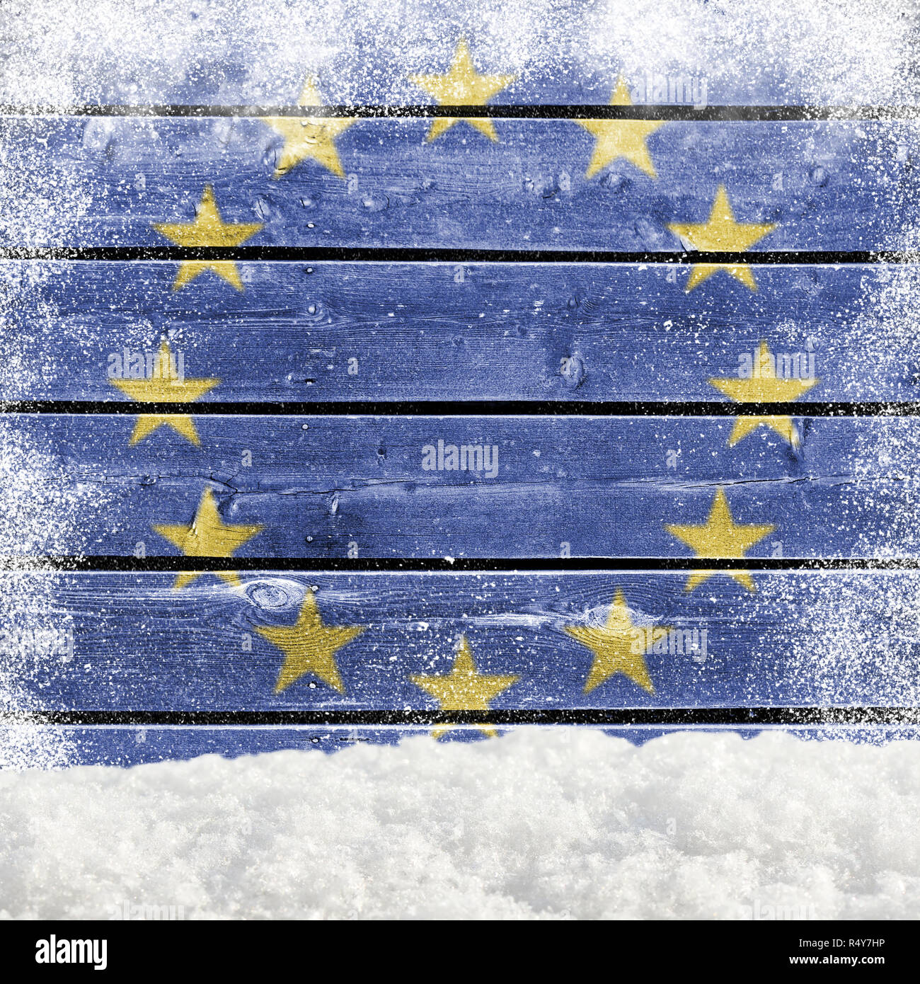 Winter background with wooden wall, falling snow, snowdrift and ...