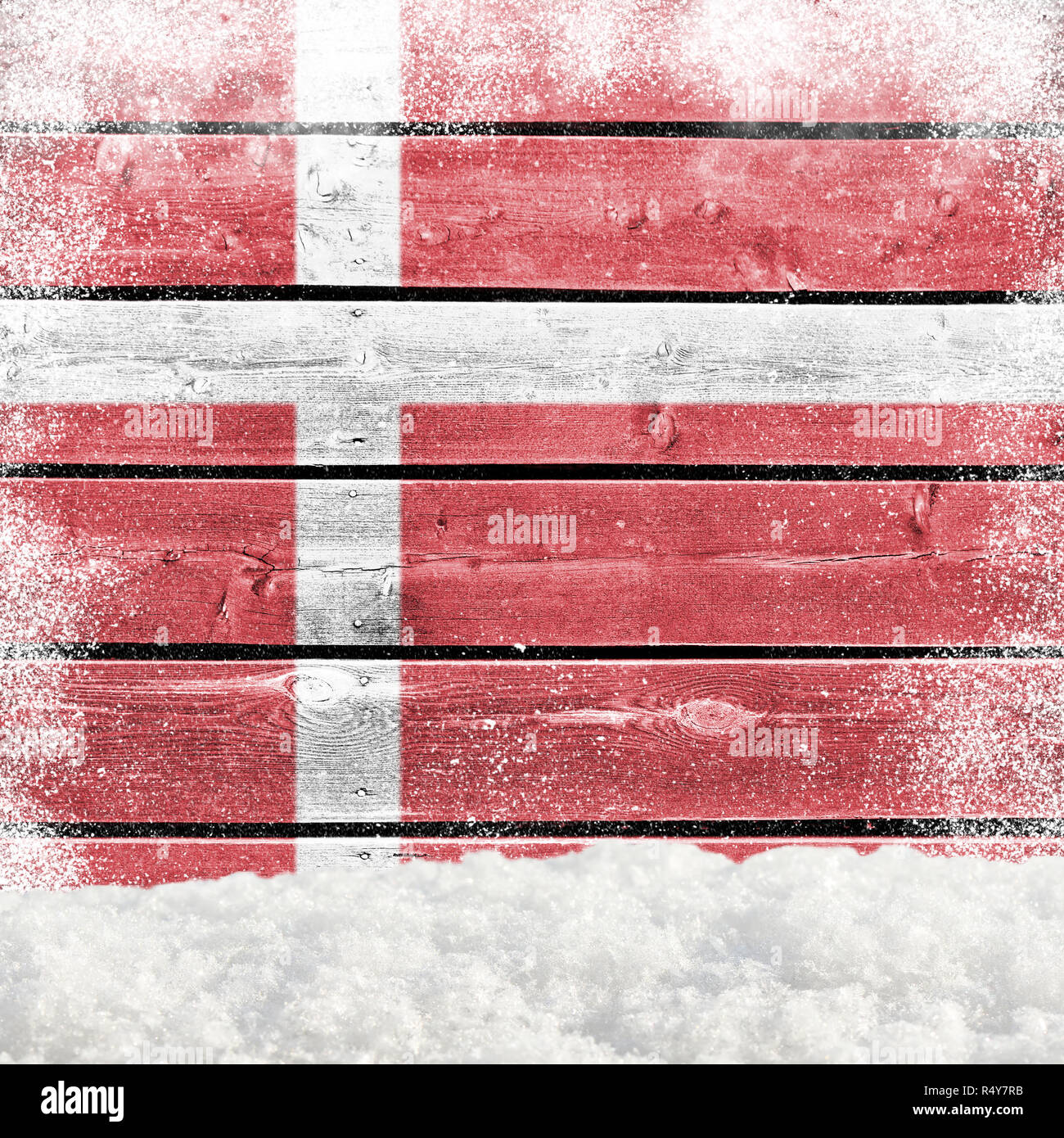 Winter background with wooden wall, falling snow, snowdrift and Danish ...