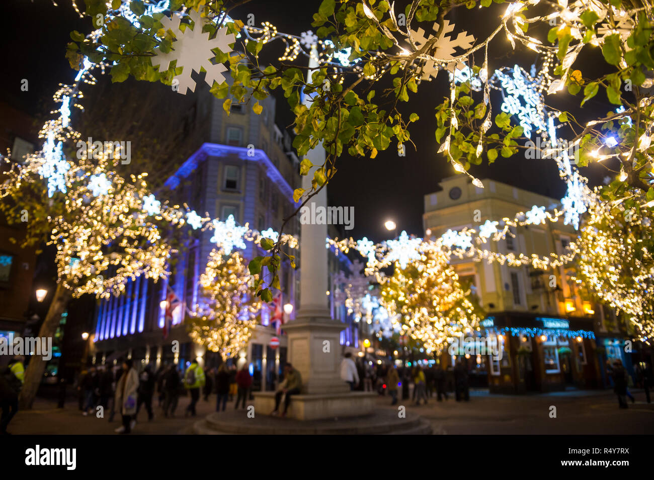 Scenic nighttime view of twinkling Christmas lights strung through ...
