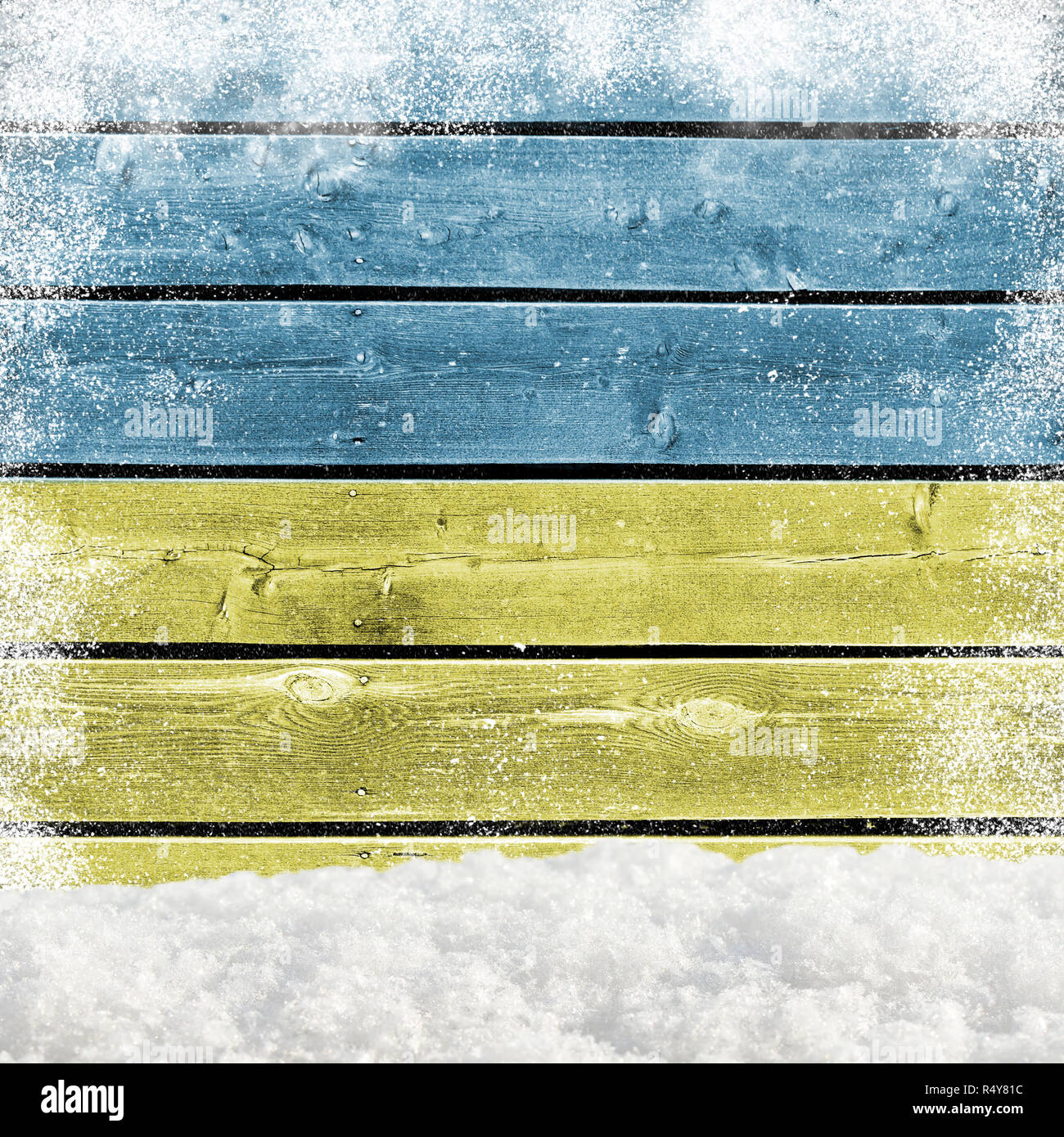 Winter background with wooden wall, falling snow, snowdrift and ...