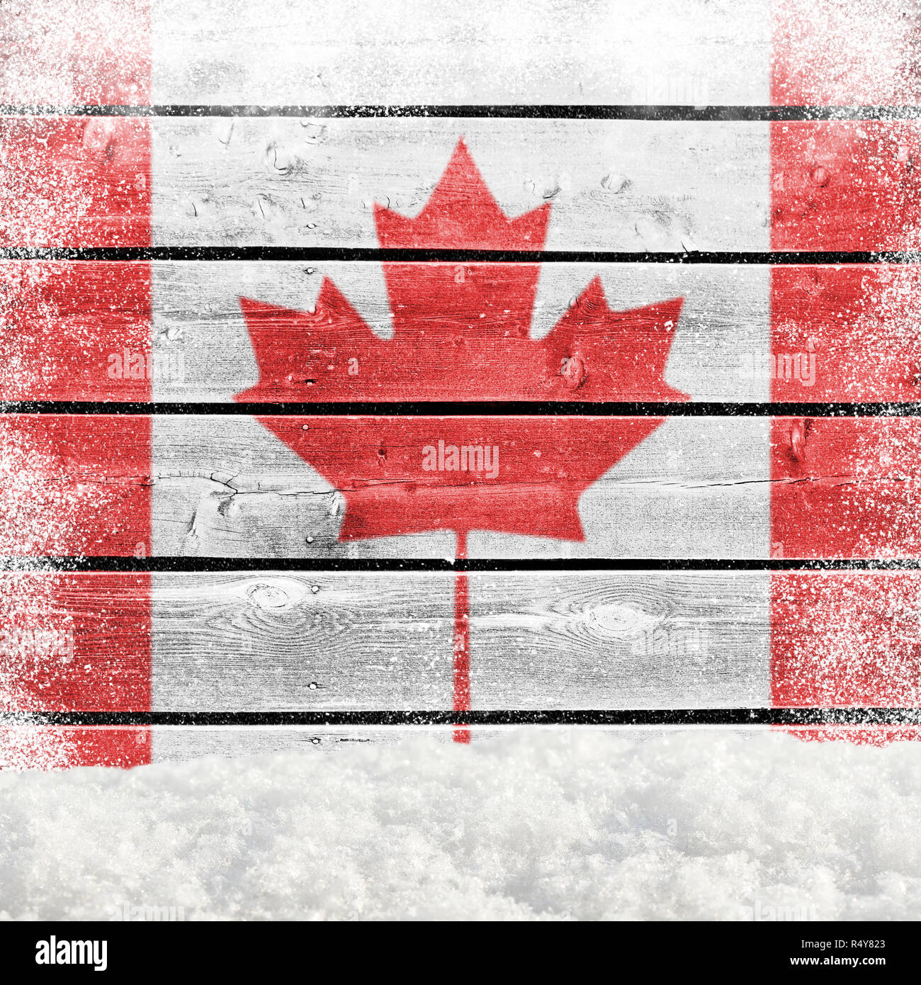 Winter background with wooden wall, falling snow, snowdrift and ...