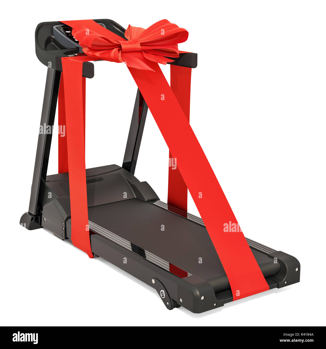 Treadmill with bow and ribbon, gift concept. 3D rendering isolated on ...