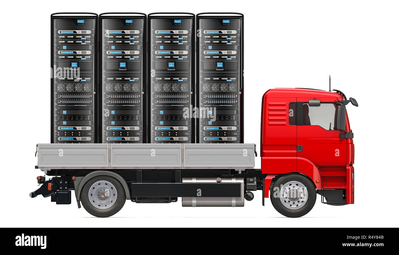 Truck with computer server racks, delivery concept. 3D rendering Stock ...
