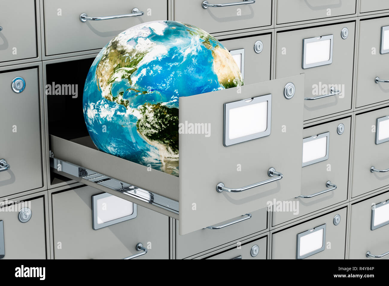 Earth Globe in filing cabinet. Global data storage, 3D rendering ...