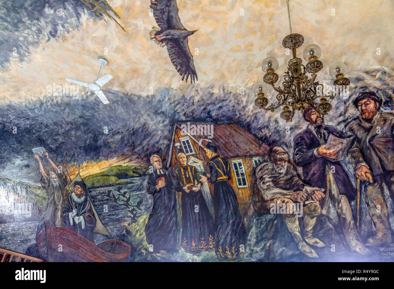 Paintings on the ceiling of Flatey church on Flatey Island, off the ...