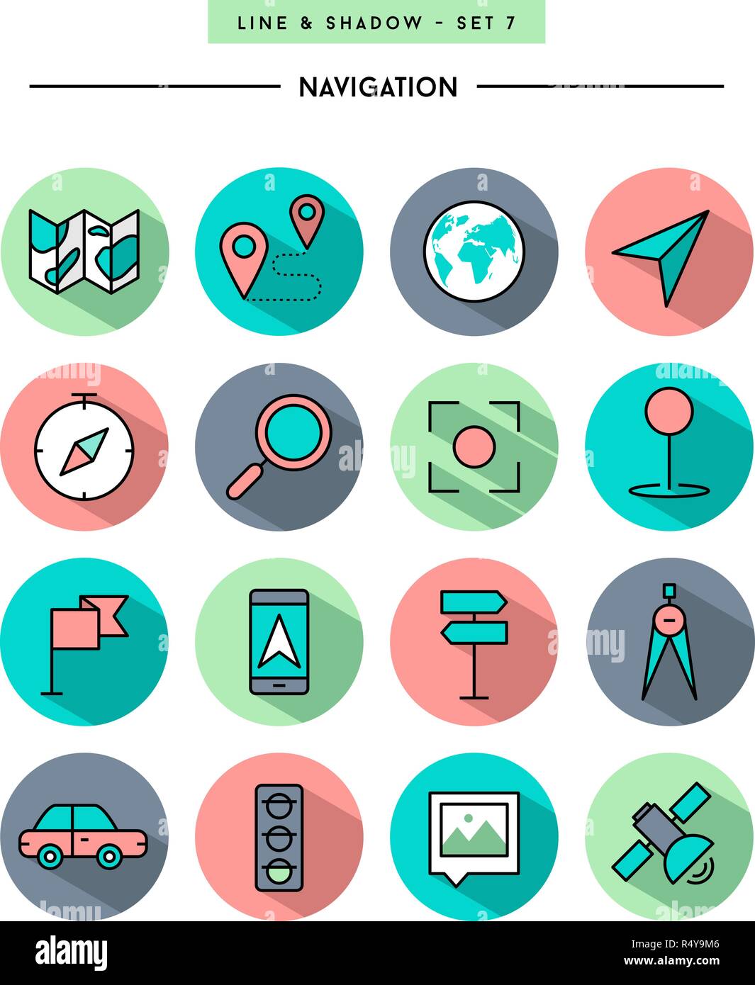 set of flat design,long shadow, thin line navigation icons Stock Vector ...