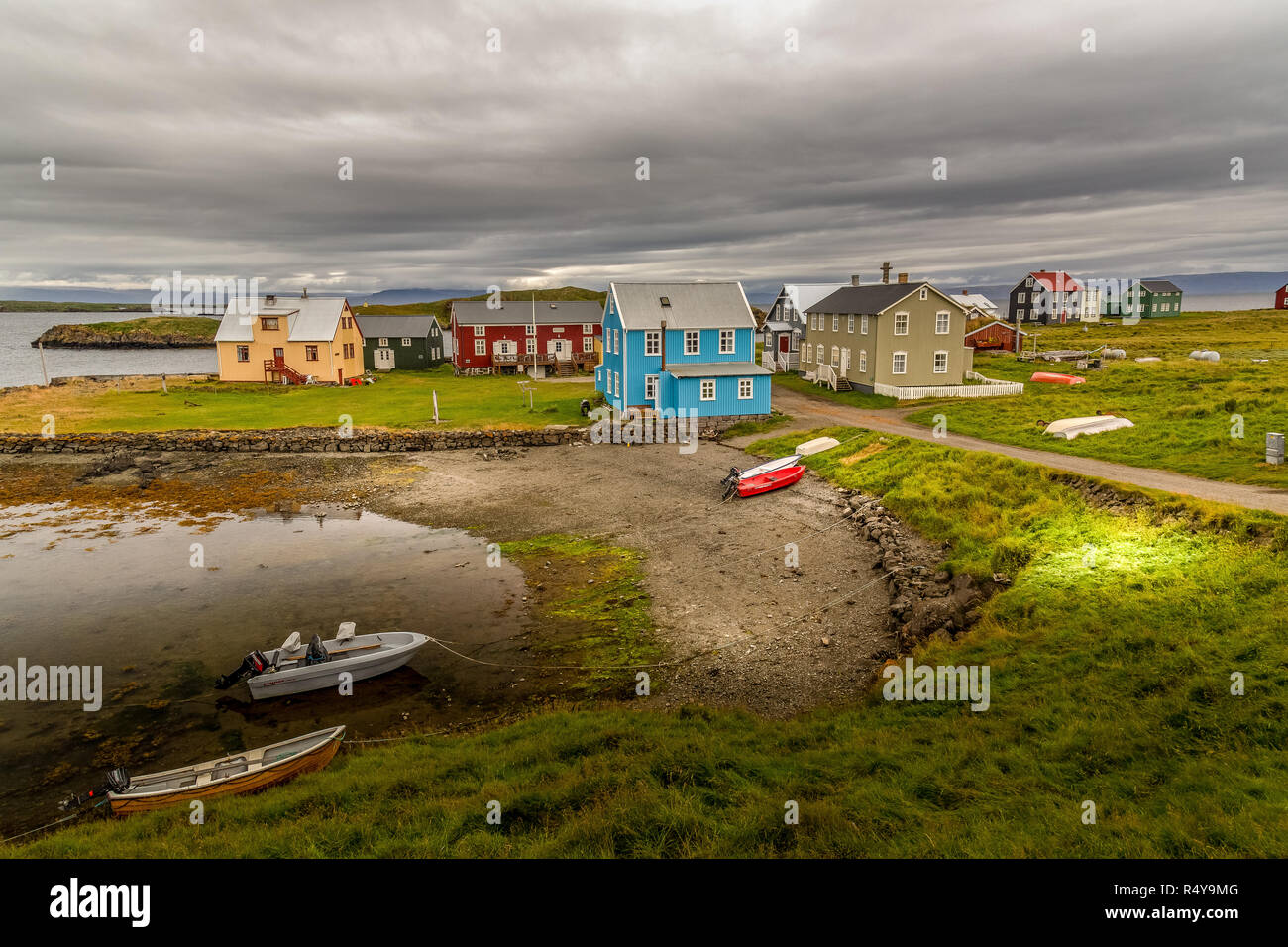 Buildings in the main village on Flatey Island, off the western fjords ...
