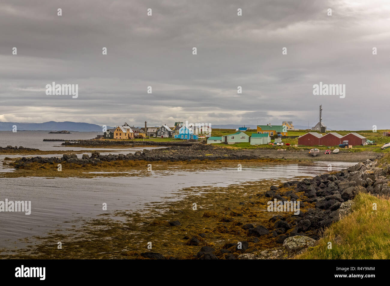 Buildings in the main village on Flatey Island, off the western fjords ...