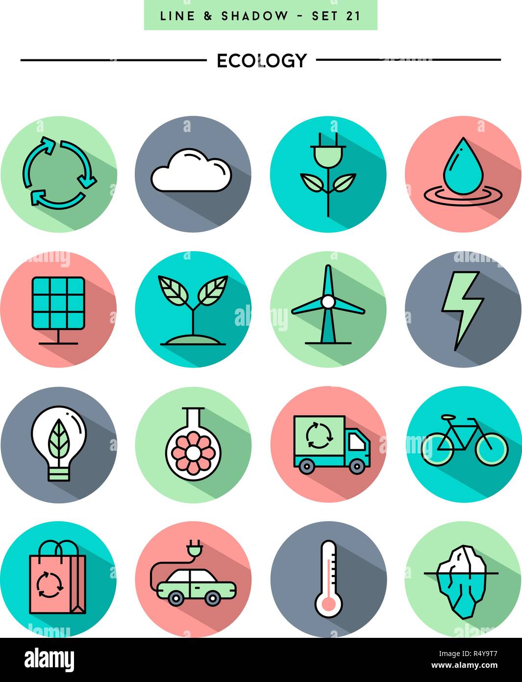 set of flat design,long shadow, thin line ecology icons Stock Vector ...