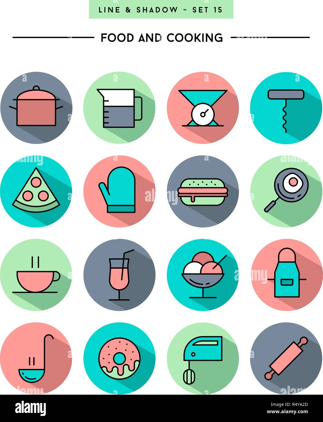 set of flat design,long shadow, thin line food and cooking icons Stock ...