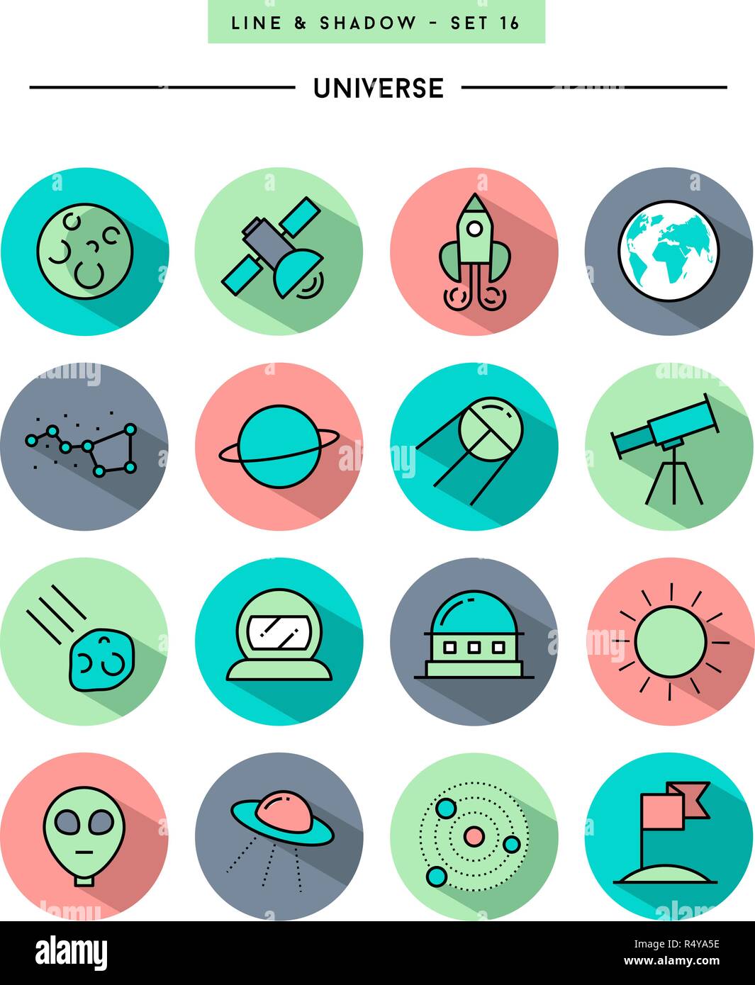 set of flat design,long shadow, thin line universe icons Stock Vector ...