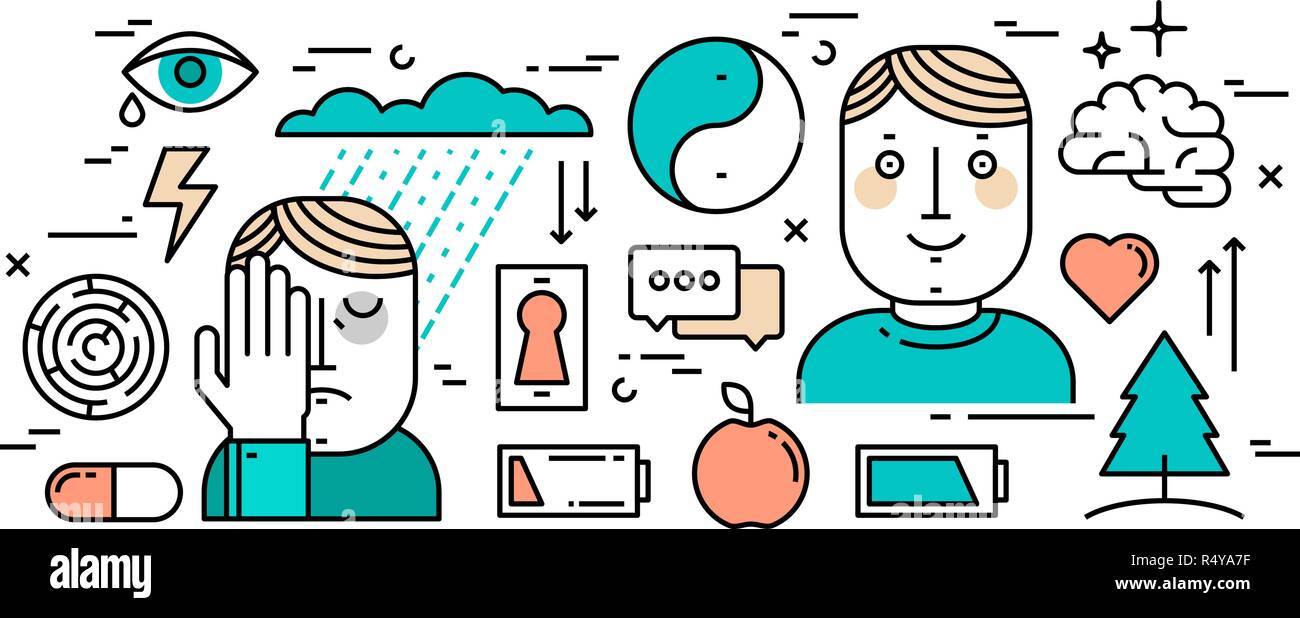 Thin line flat design concept of mental health, depression and anti ...